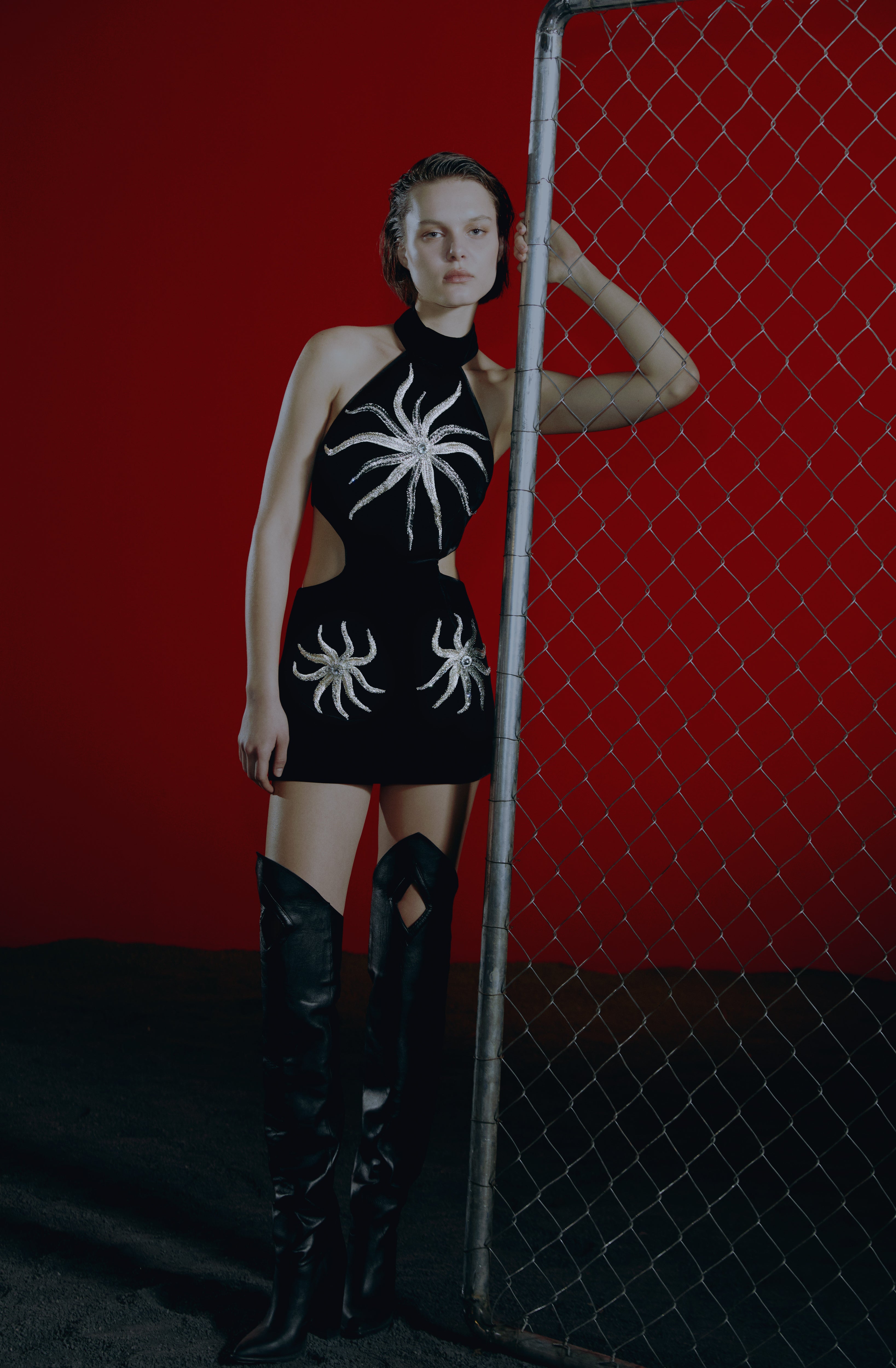 HALTER NECK VELVET MINI DRESS WITH FARDA FLOWERS – Fardaofficial